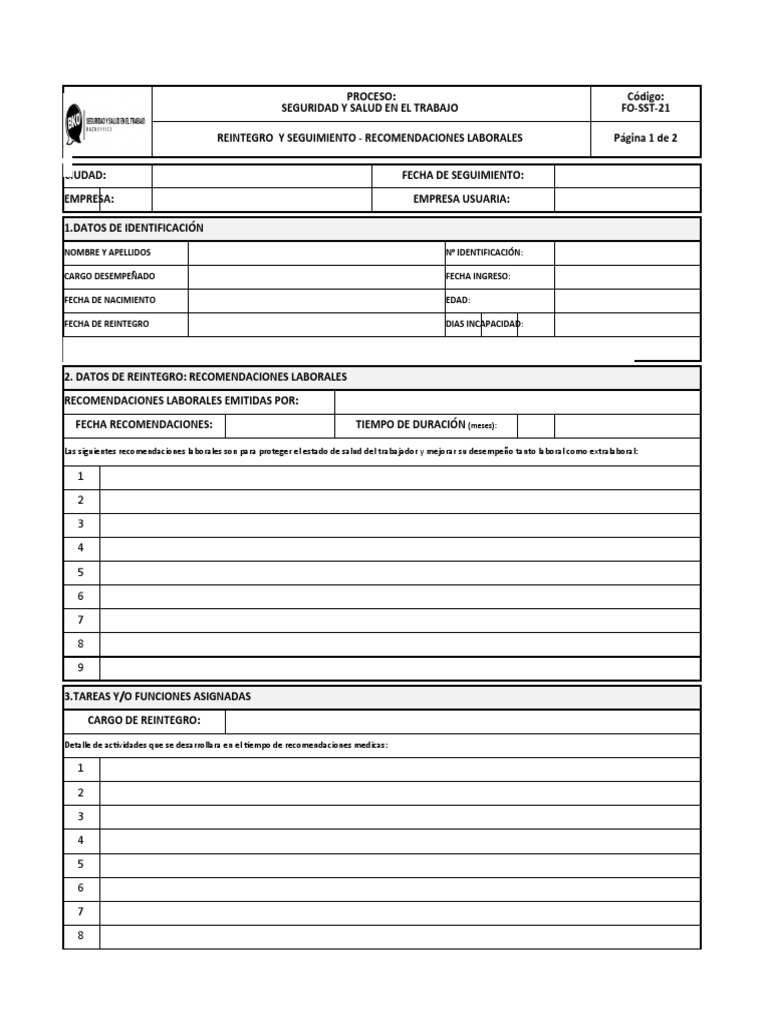 Copia de FO-SST-21 REINTEGRO Y SEGUIMIENTO - RECOMENDACIONES LABORALES ... Copia de FO-SST-21 REINTEGRO Y SEGUIMIENTO - RECOMENDACIONES LABORALES ...