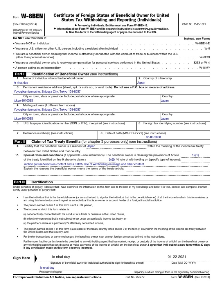 W-8BEN: Certificate of Foreign Status of Beneficial Owner For United ...