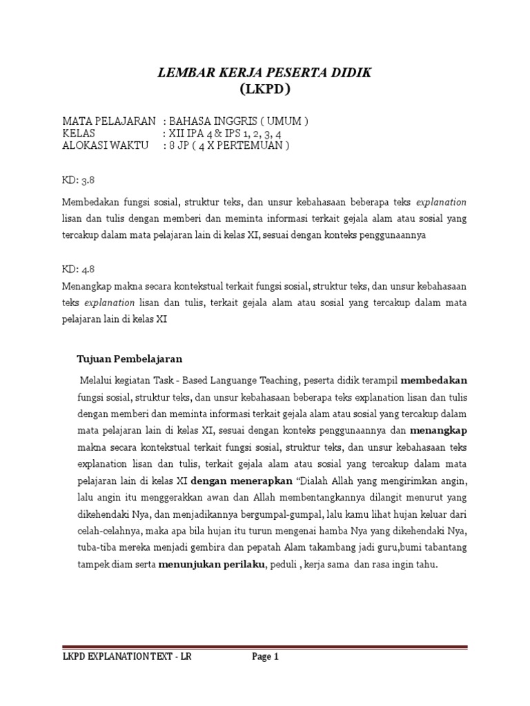 LKPD - Explanation Text - LR | PDF | Kajian Bahasa Asing