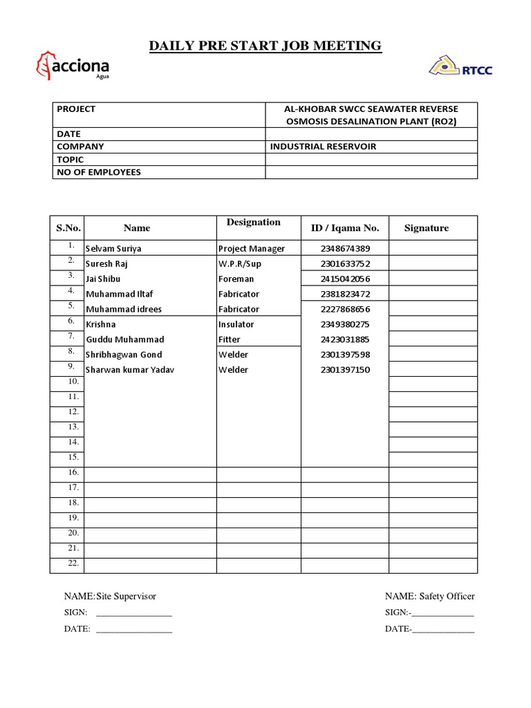 Pre Start Job Meeting | PDF