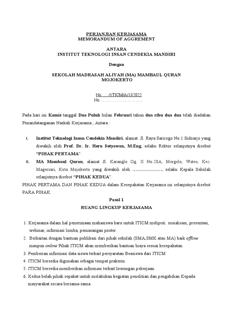 Draft Mou MA Mambaul Quran Mojokerto | PDF