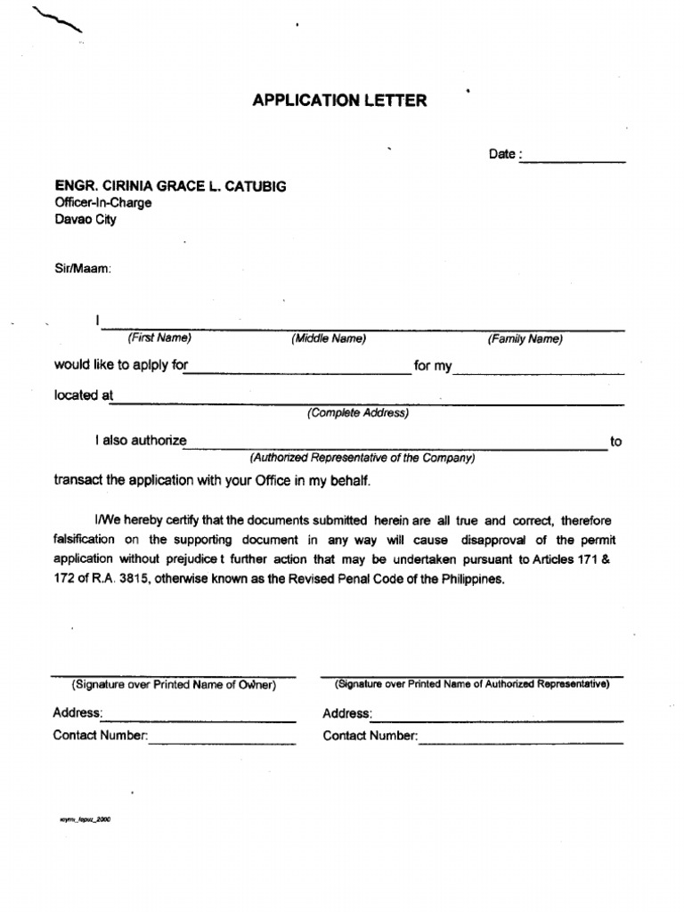 Davao City Fence Permit NBC Form B-03 (Application Letter & Authorization) | PDF