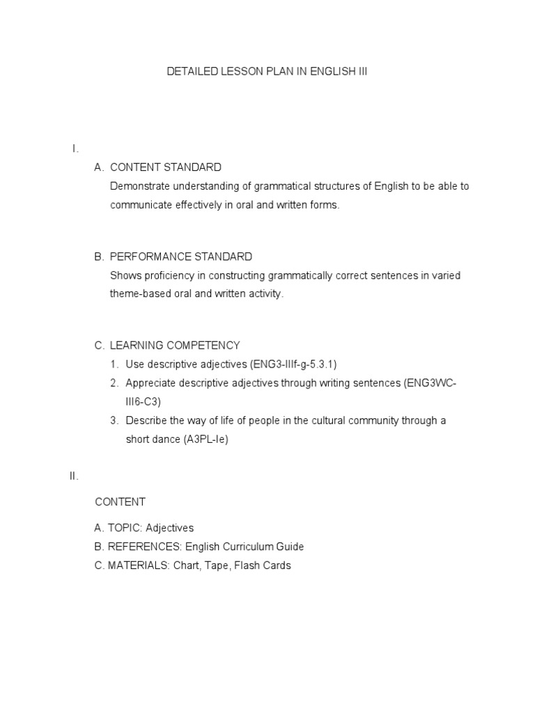 Detailed Lesson Plan in English Iii | PDF | Adjective | Lesson Plan