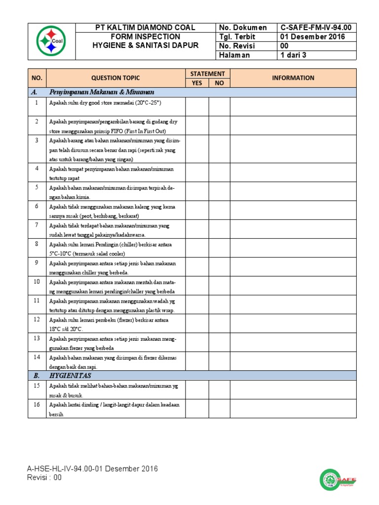Inspeksi Hygiene & Sanitasi Dapur | PDF