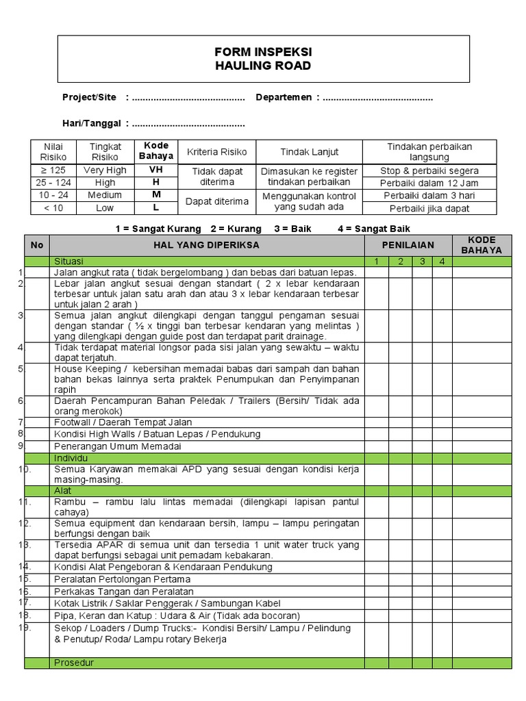 Form Inspeksi Hauling Road | PDF