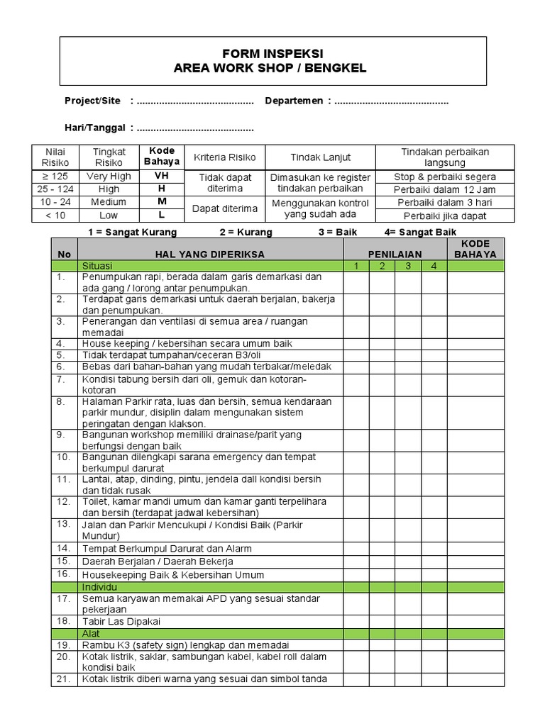 Form Inspeksi Area Workshop (Bengkel) | PDF