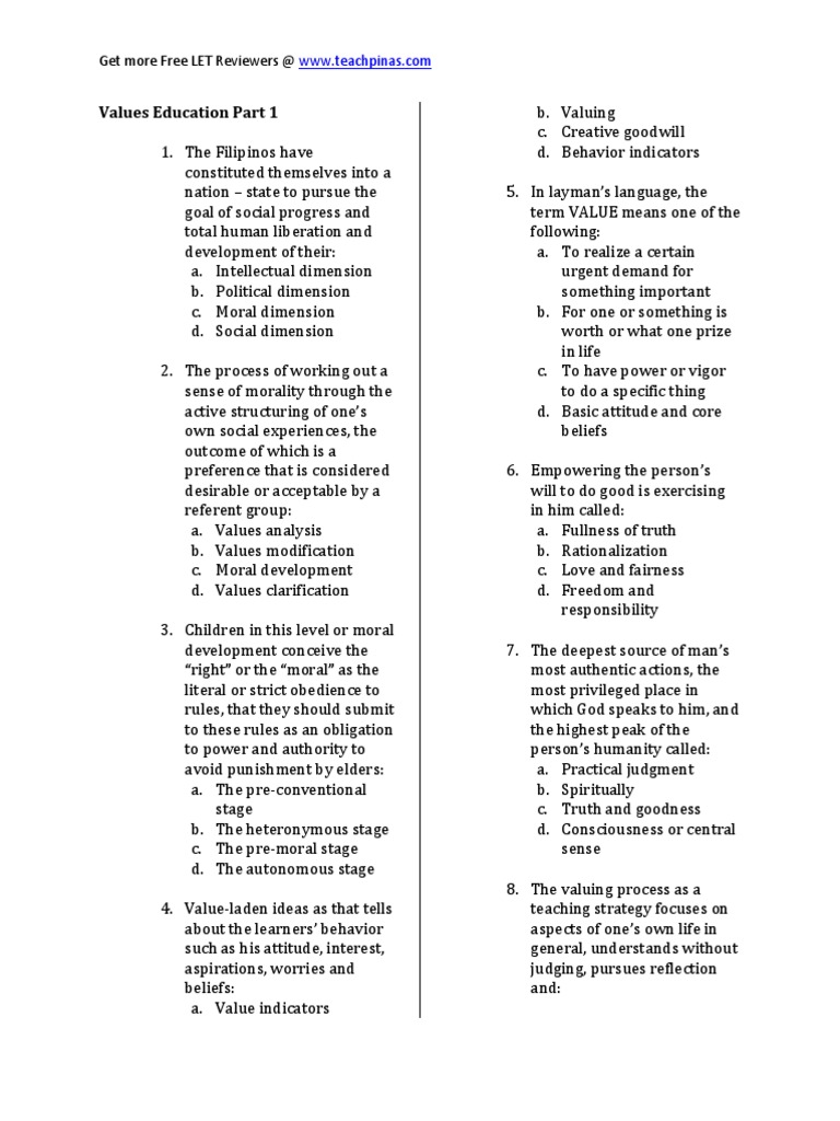 Values Education Exam with Answers | PDF | Morality | Value (Ethics)