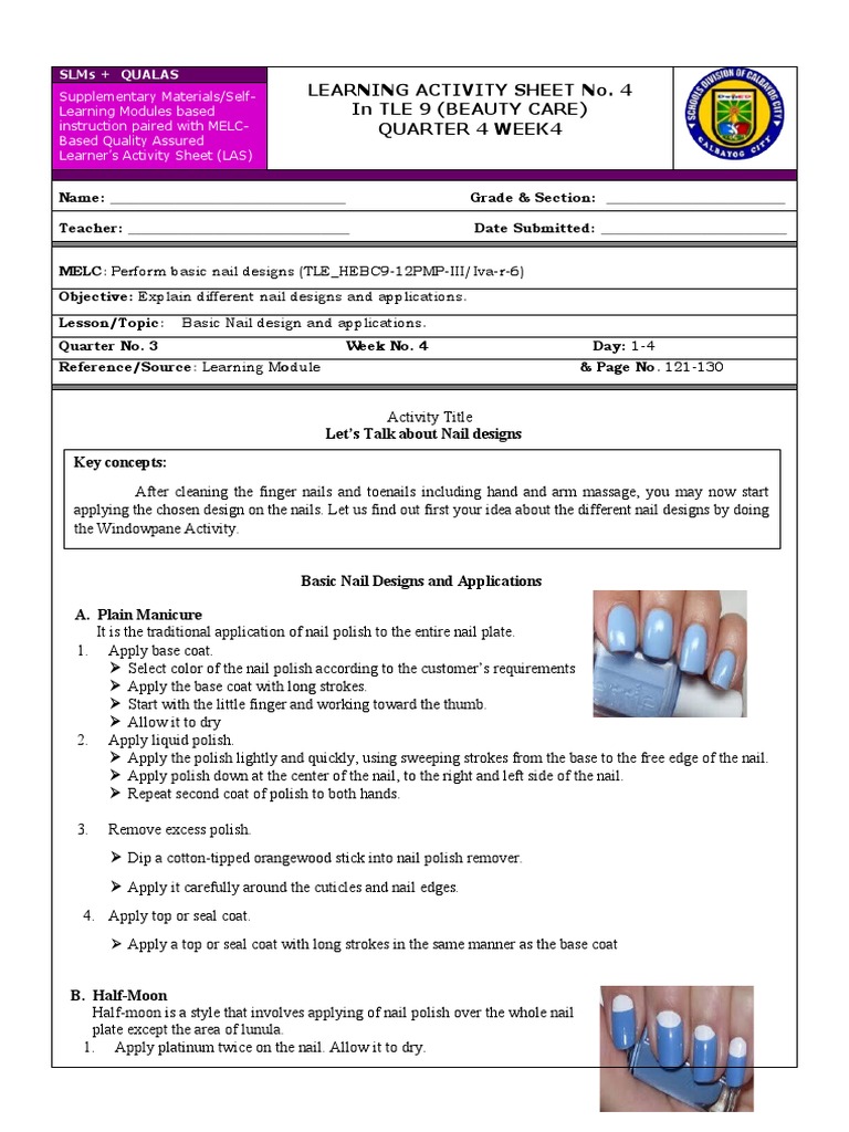Learning Activity Sheet No. 4 in Tle 9 (Beauty Care) Quarter 4 Week4 ...