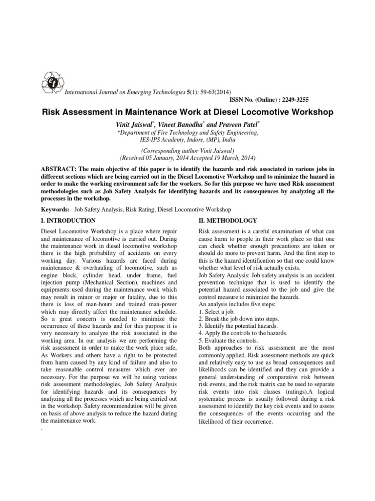 Risk Assessment in Maintenance Work at Diesel Locomotive Workshop ...