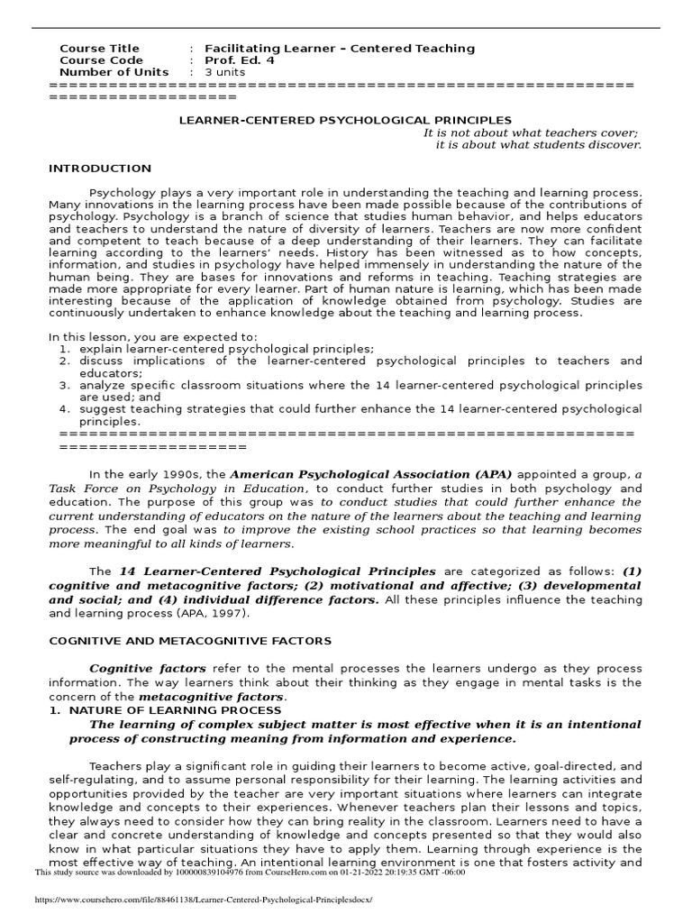 Learner Centered Psychological Principles | PDF | Motivational | Motivation