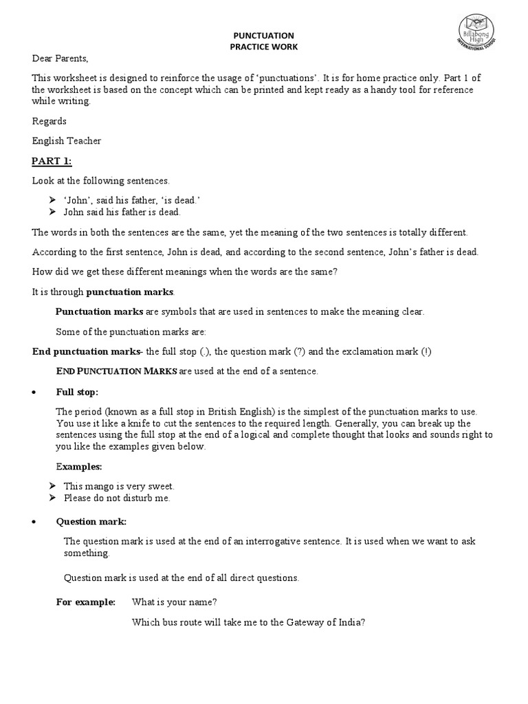 Punctuation Practice Worksheet with Answers | PDF | Question | Punctuation
