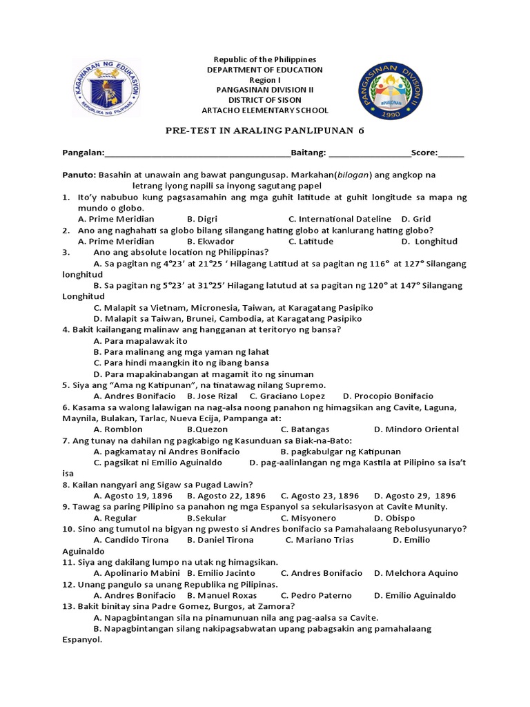 Diagnostic Test in AP With Tos and Key Ans | PDF