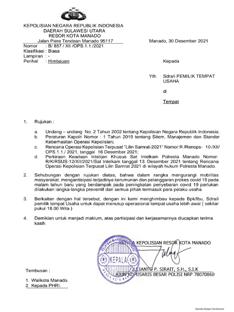 Surat Himbauan Ke para Pelaku Usaha Kota Manado | PDF