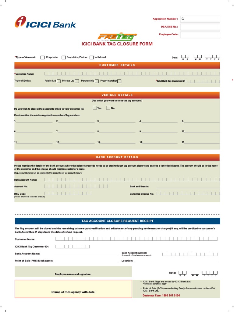 ICICI FASTag - Closure Form - New | PDF | Banks | Point Of Sale