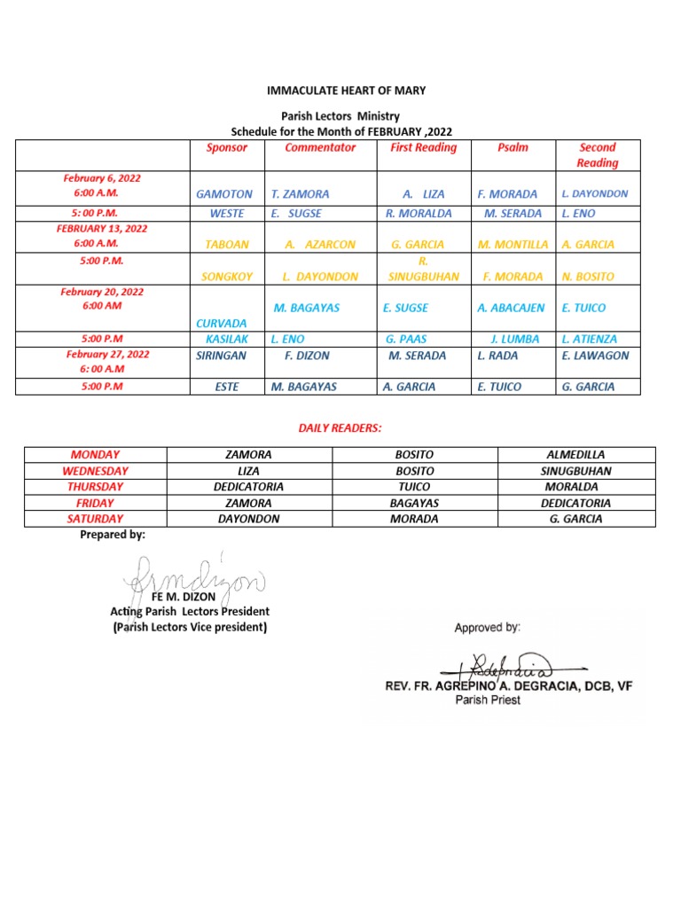 Lectors Schedule February 2022 | PDF
