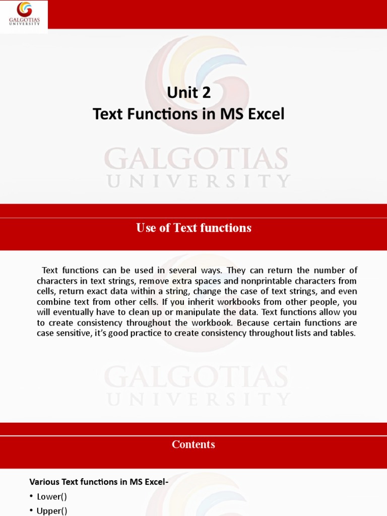 Unit 2 Text Functions in MS Excel | PDF | Microsoft Excel | String ...