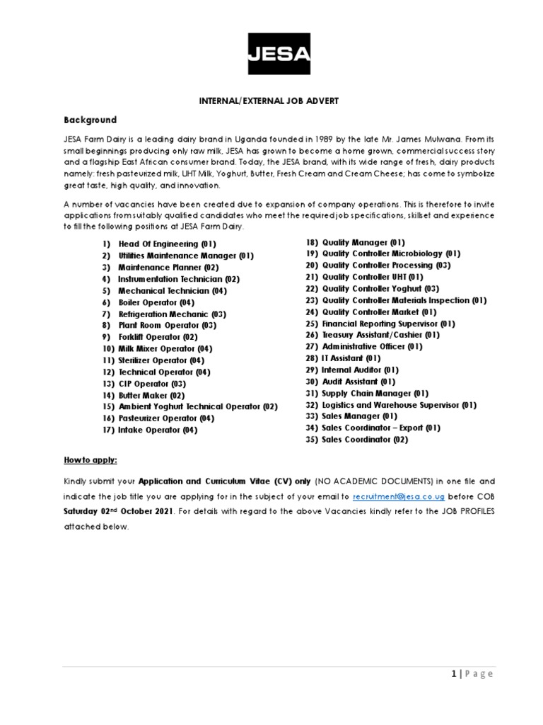 Internal/External Job Advert Background: Recruitment@jesa - Co.ug | PDF ...