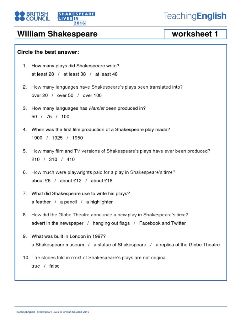 Shakespeare Quiz for Students | PDF | Art | History