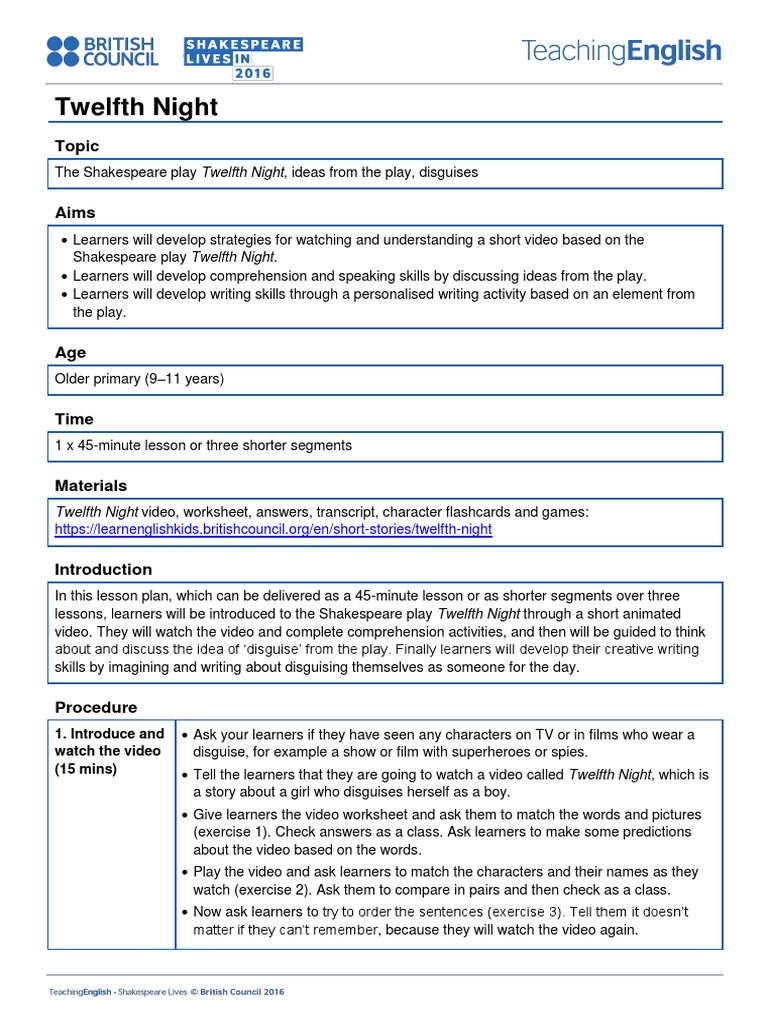 Twelfth Night for Kids | PDF | Lesson Plan | Twelfth Night