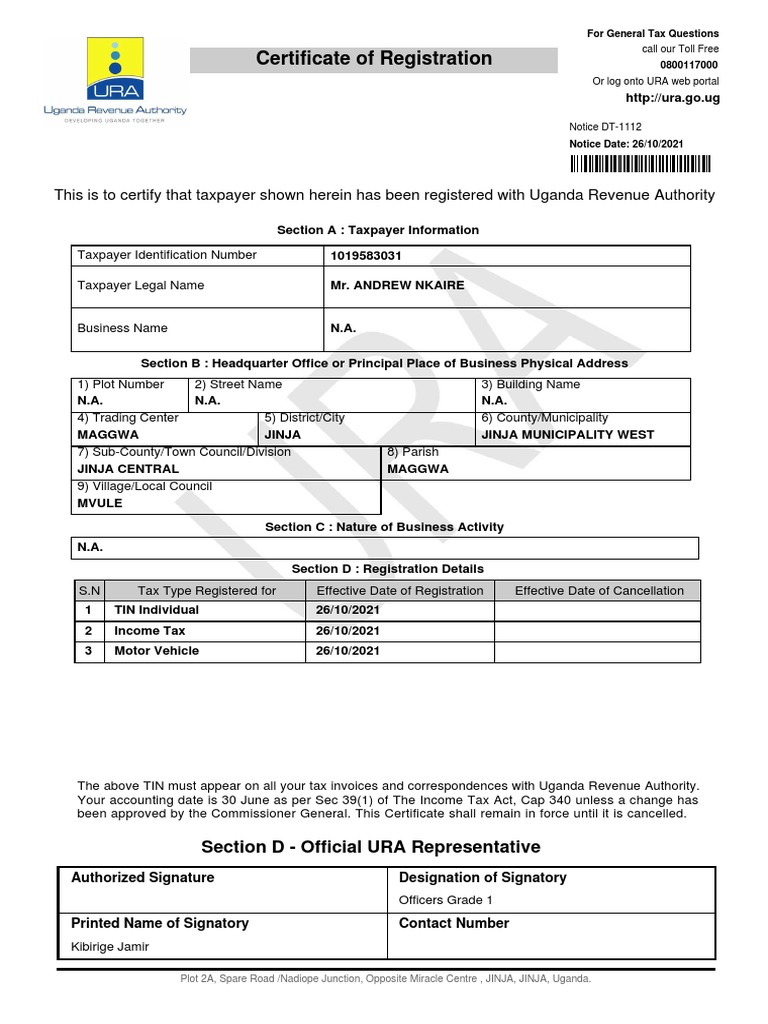 Uganda TIN Registration Certificate | PDF | Taxpayer | Taxes