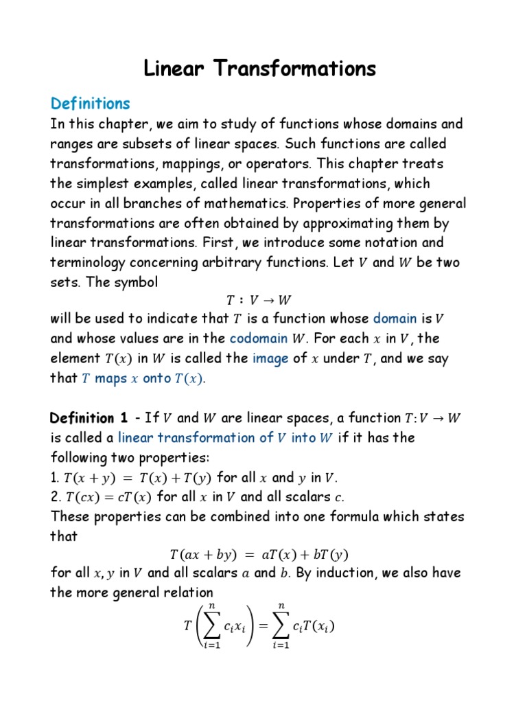 Linear Transformations: Definitions | PDF | Function (Mathematics ...