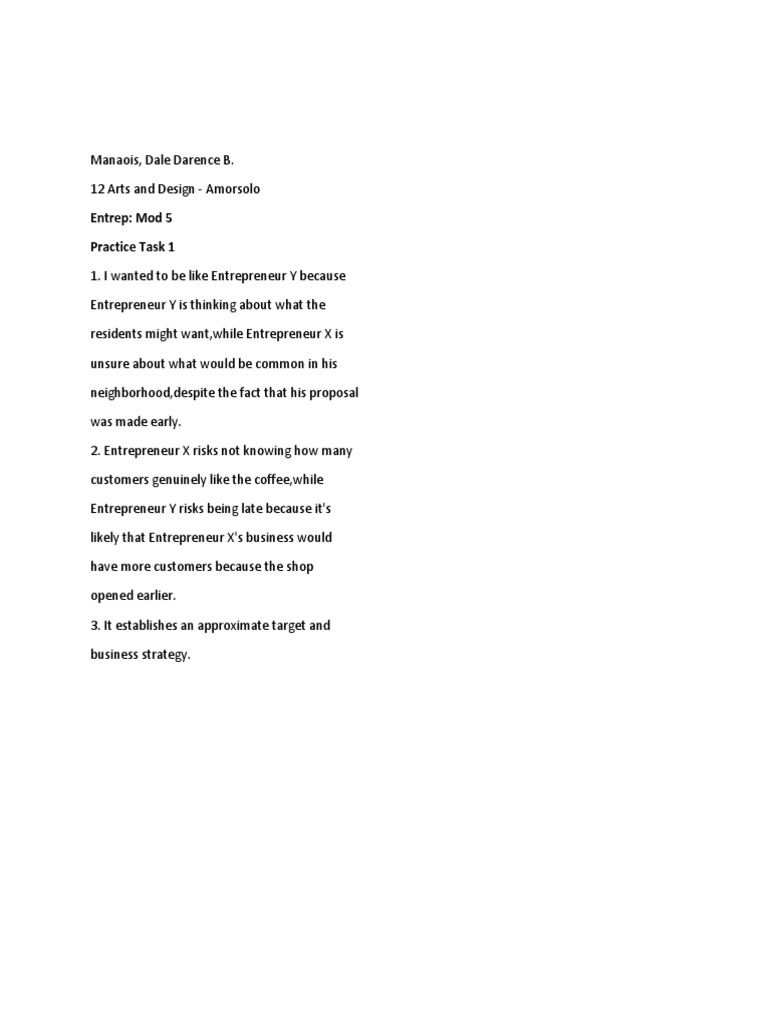 Entrep: Mod 5 Practice Task 1 | PDF | Career & Growth