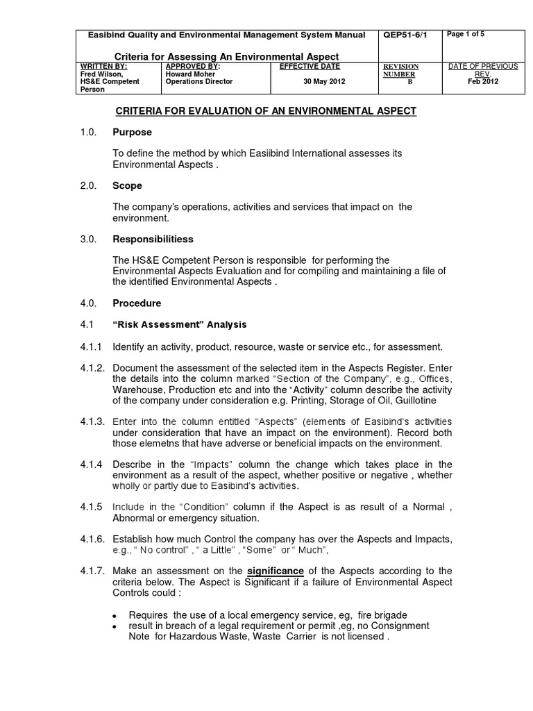 Criteria For Assessing An Environmental Aspect: Easibind Quality and ...