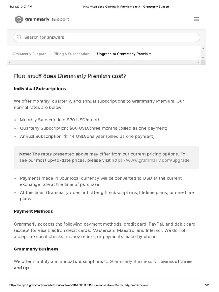 Grammarly Premium Cost - Grammarly Support | PDF