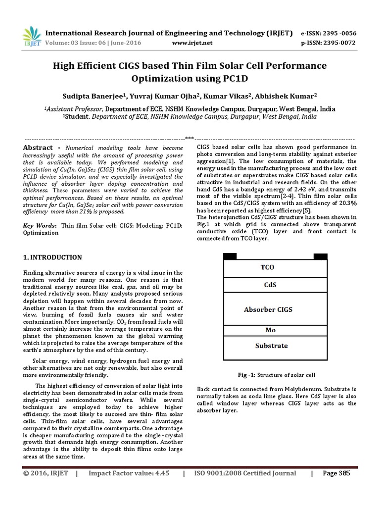 High Efficient CIGS Based Thin Film Solar Cell Performance Optimization Using PC1D | PDF | Thin ...