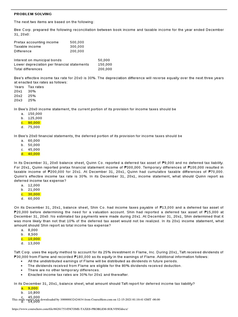 Income Taxes Problem Solving | PDF | Deferred Tax | Tax Expense