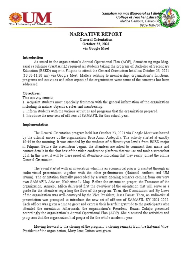 Narrative Report General Orientation | PDF | Communication