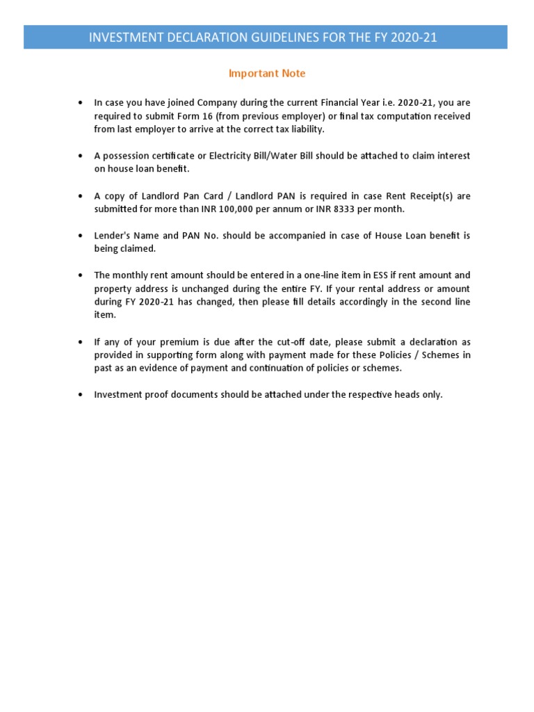 Investment Declaration Guidelines For The Fy 2020-21: Important Note ...