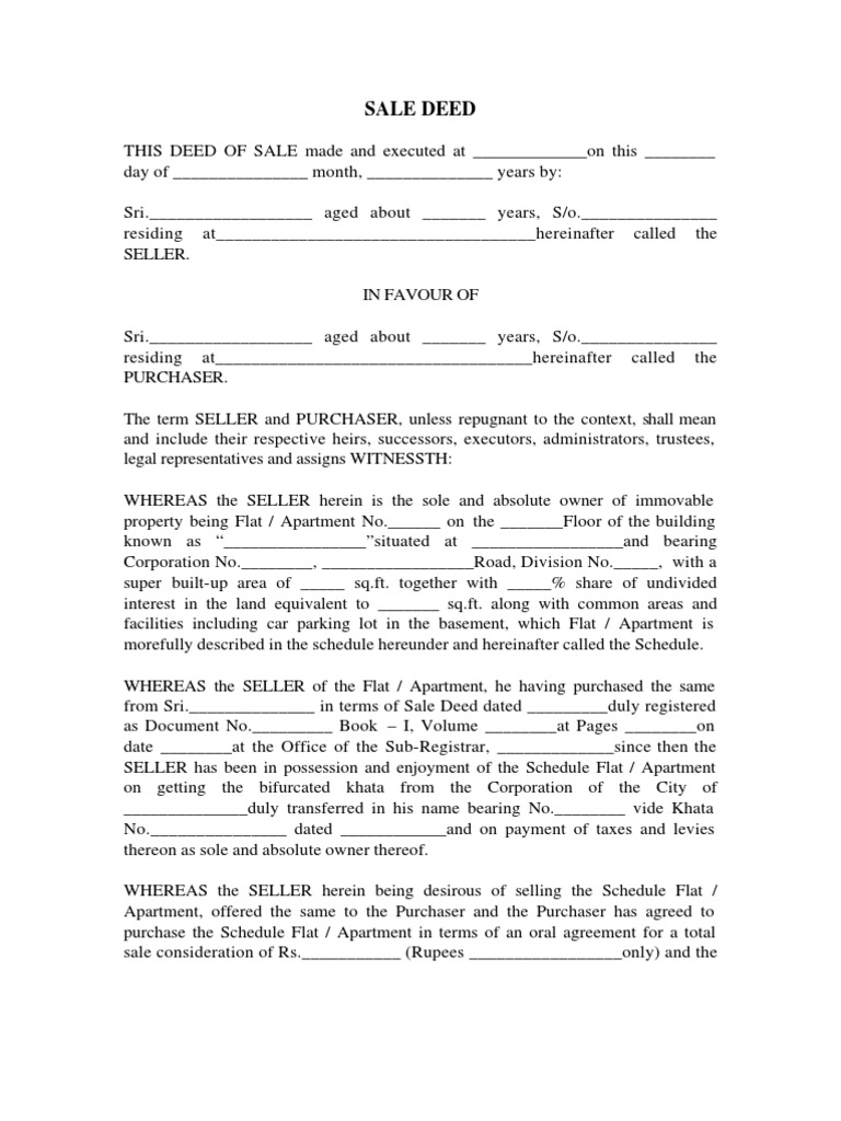 Draft Sale Deed Second Sale | Deed | Ownership