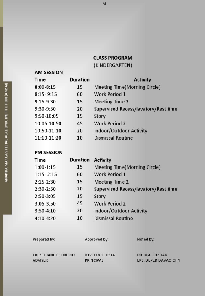Class Program Am Session Time Duration Activity: Prepared By: Approved ...
