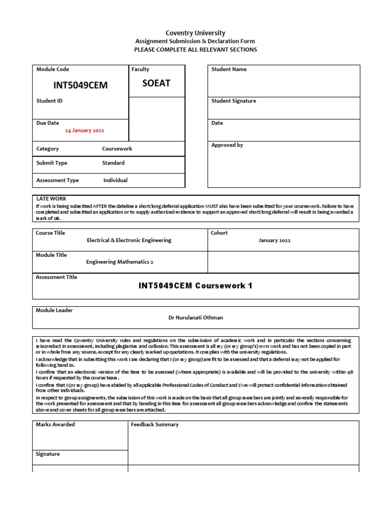Coventry University Coursework Submission Form | PDF