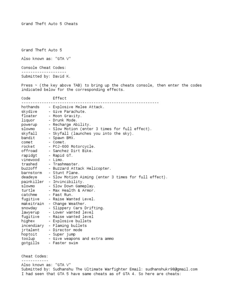 GTA 5 Cheats | PDF | Cheating In Video Games