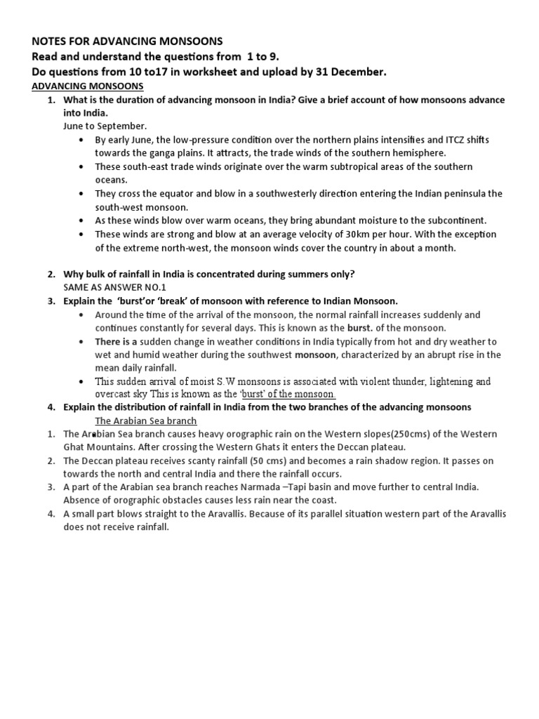 Notes For Advancing Monsoons Read and Understand The Questions From 1 ...