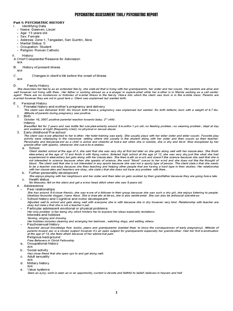 Psychiatric Assessment Tool/ Psychiatric Report | PDF | Teachers ...