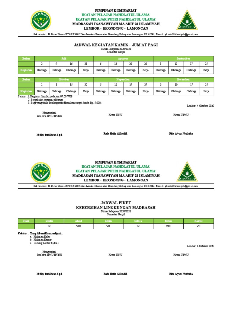 JADWAL KEGIATAN PK IPNU IPPNU MTs 28 | PDF