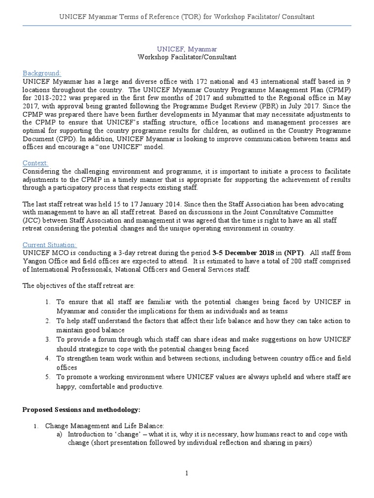 ToR - Workshop Facilitator Staff Retreat | PDF | Consultant | Business