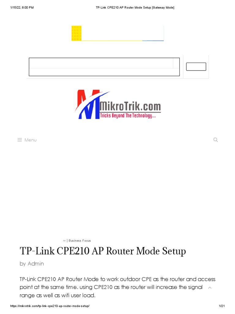 TP-Link CPE210 AP Router Mode Setup: by Admin | PDF | Wi Fi | Router ...
