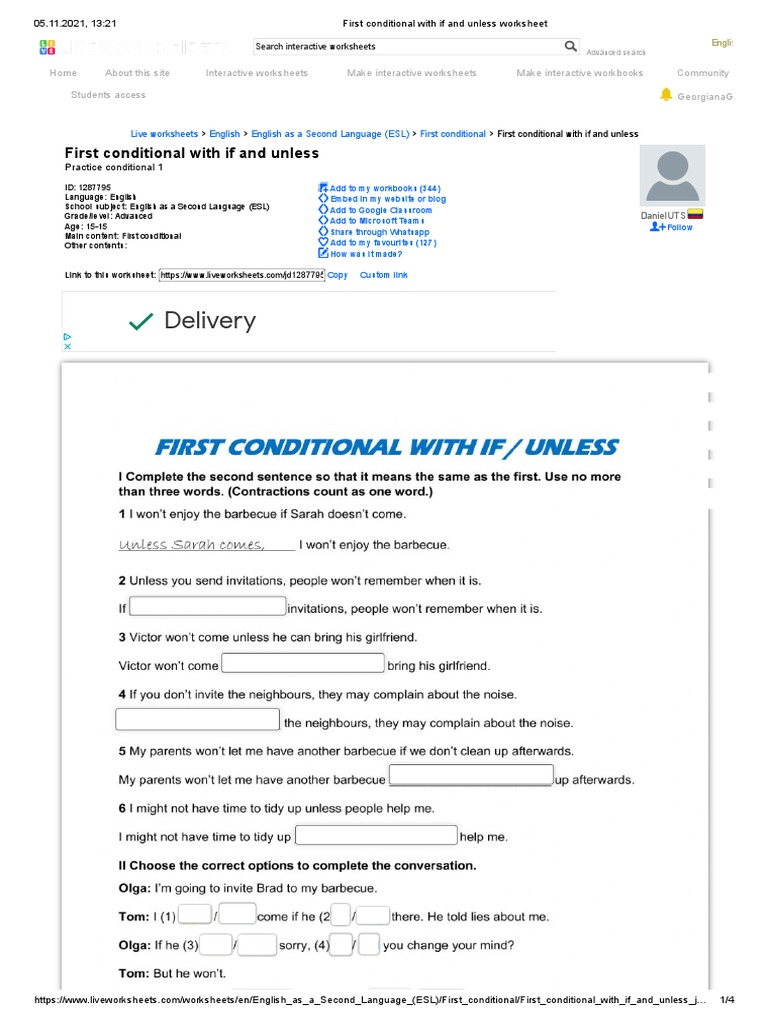 First Conditional With If and Unless Worksheet | PDF | English As A ...