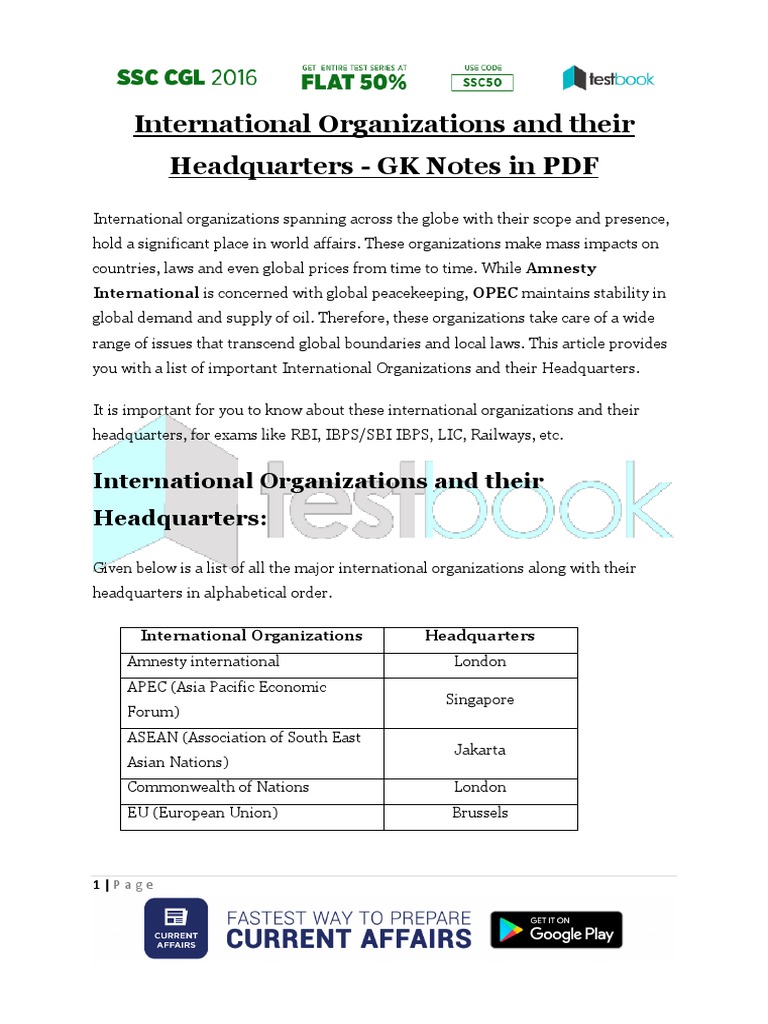International Organizations and Their Headquarters GK Notes in PDF 1 ...