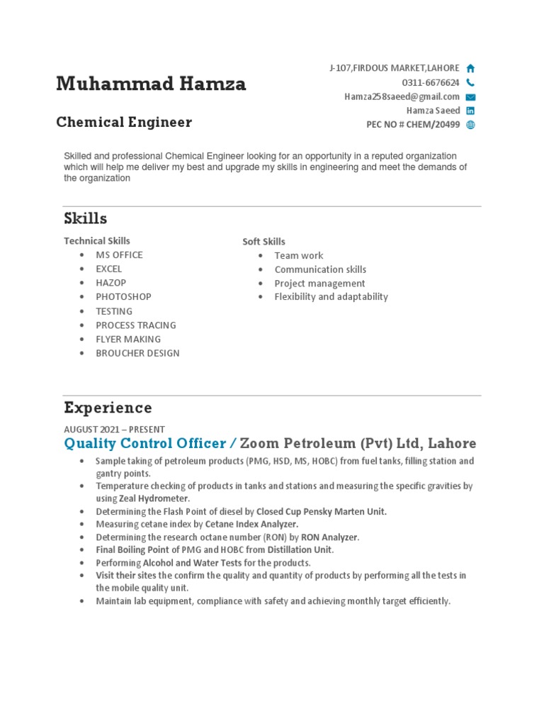 Chemical Engineer Resume: Hamza Saeed | PDF | Chemistry | Fuels