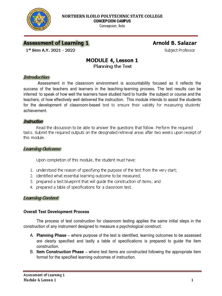 Planning Classroom Assessments: Specifying Learning Outcomes and ...