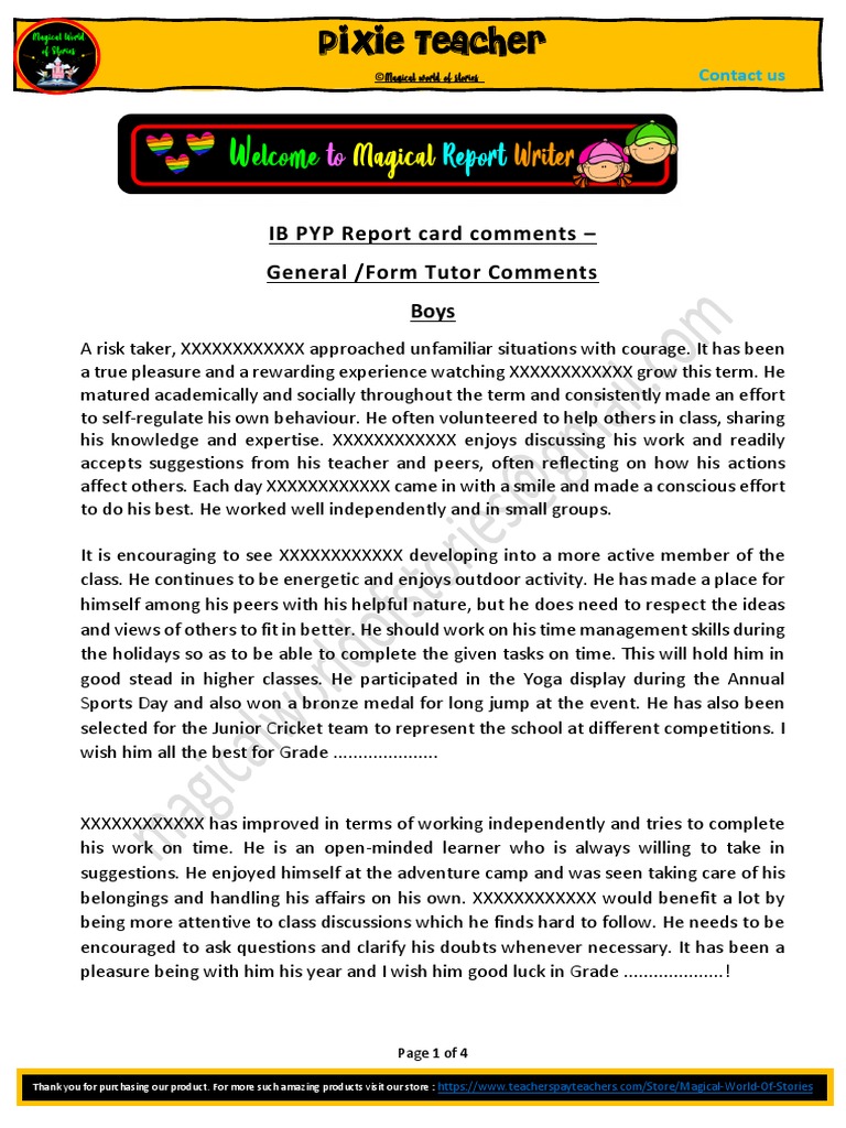 Pixie Teacher: IB PYP Report Card Comments - General /form Tutor ...