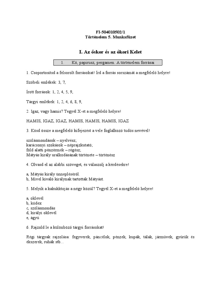 Ofi 504010502 1 Történelem 5 Munkafüzet Megoldókulcs I. Fejezet | PDF