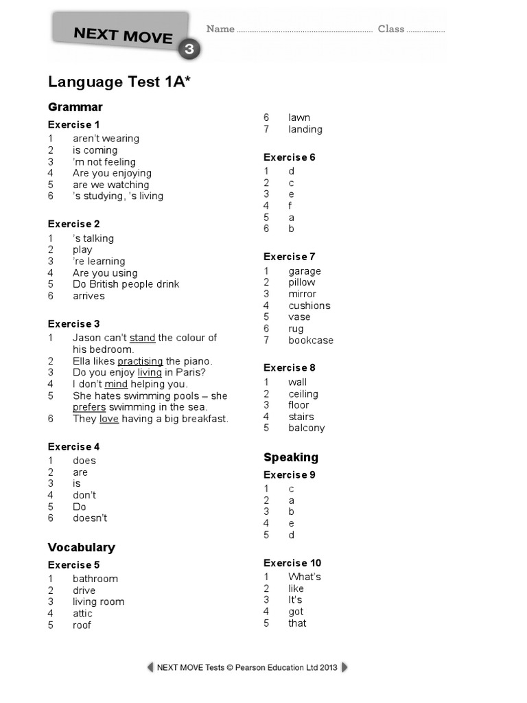 Language Test 1A : Tests Answer Key | PDF