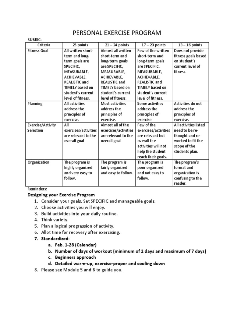 Personal Exercise Program Rubric Guide | PDF | Goal | Cognition