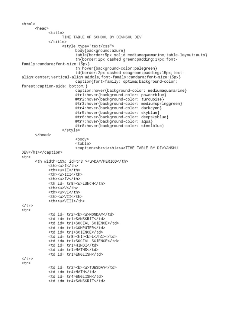 HTML Timetable Text by Divyanshu | PDF